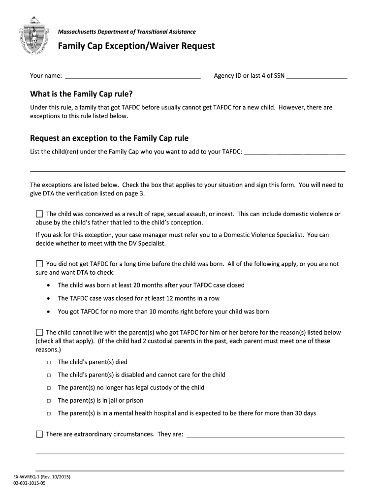 Fillable Online masslegalservices Family Cap Exception/Waiver Request ...