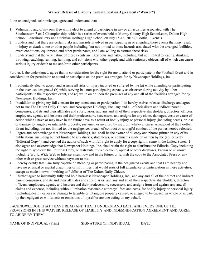 Fillable Online Waiver, Release of Liability, Indemnification Agreement ...