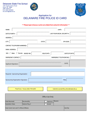 Fillable Online statefireschool delaware delaware fire police id card ...