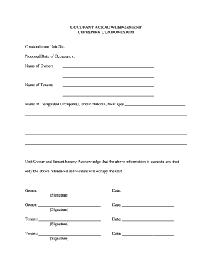 Fillable Online OCCUPANT ACKNOWLEDGEMENT Fax Email Print - pdfFiller