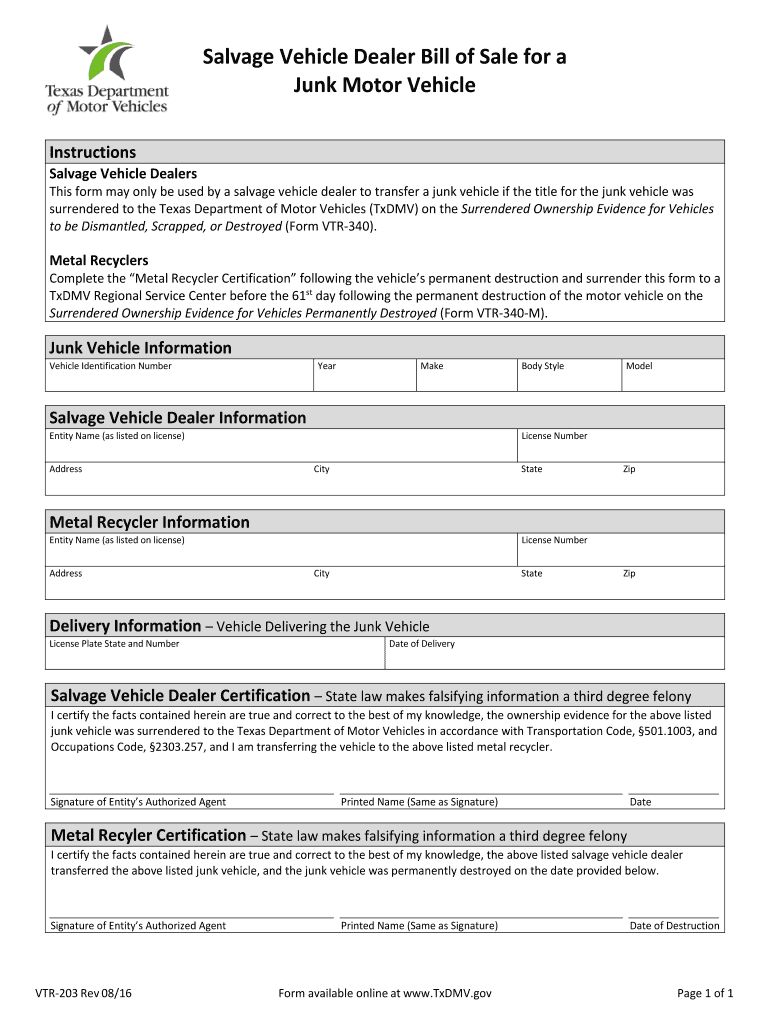 Fillable Online txdmv Salvage Vehicle Dealer Bill of Sale for a Junk ...