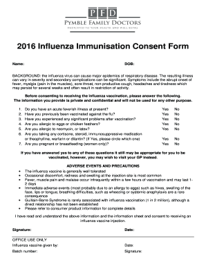 Fillable Online 2016 Influenza Immunisation Consent Form -... Fax Email ...