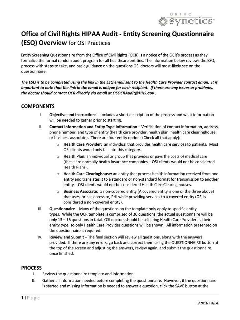 Fillable Online Office of Civil Rights HIPAA Audit - Entity Screening ...