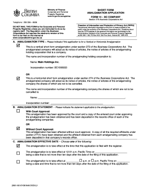 Fillable Online CLETV - FORM 14 Short Form Vertical Amalgamation ...