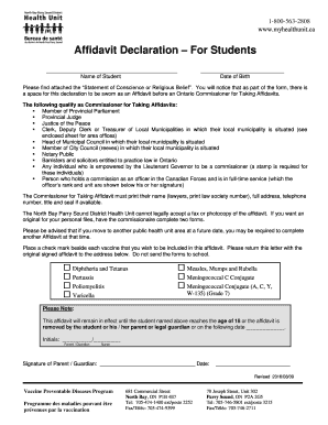 Fillable Online myhealthunit Affidavit Declaration For Students Fax ...