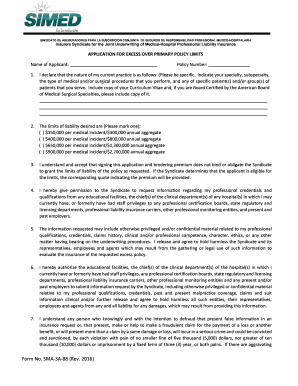 Fillable Online Application for Excess Over Primary Policy Limits 2016 ...