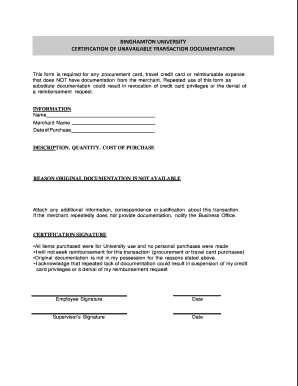 Fillable Online binghamton CERTIFICATION OF UNAVAILABLE TRANSACTION ...