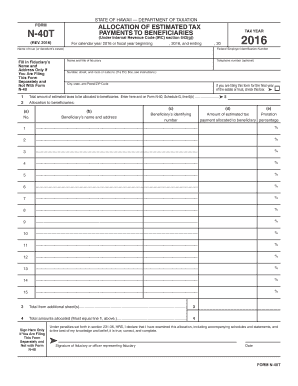 Fillable Online Form N-40T, Rev 2016, Allocation of Estimated Tax ...