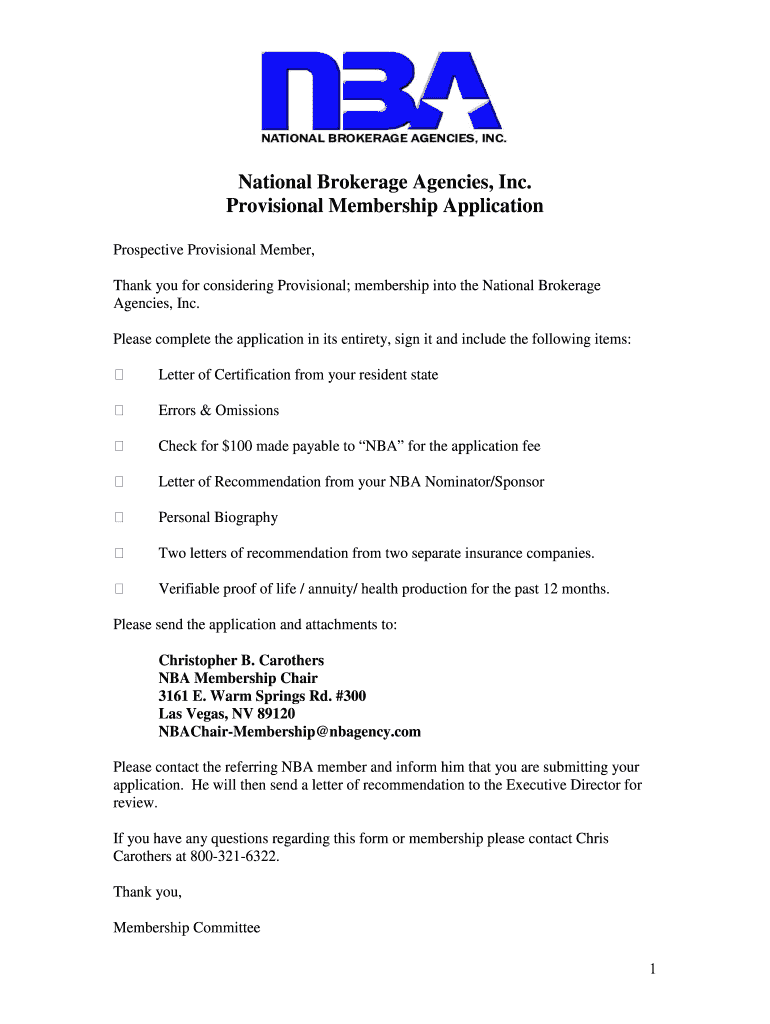 Fillable Online NBA Provisional Membership Application 1-17-12 Fax ...
