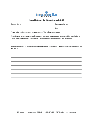 Fillable Online cba-va Personal Statement (for Entrance into Grade 10 ...