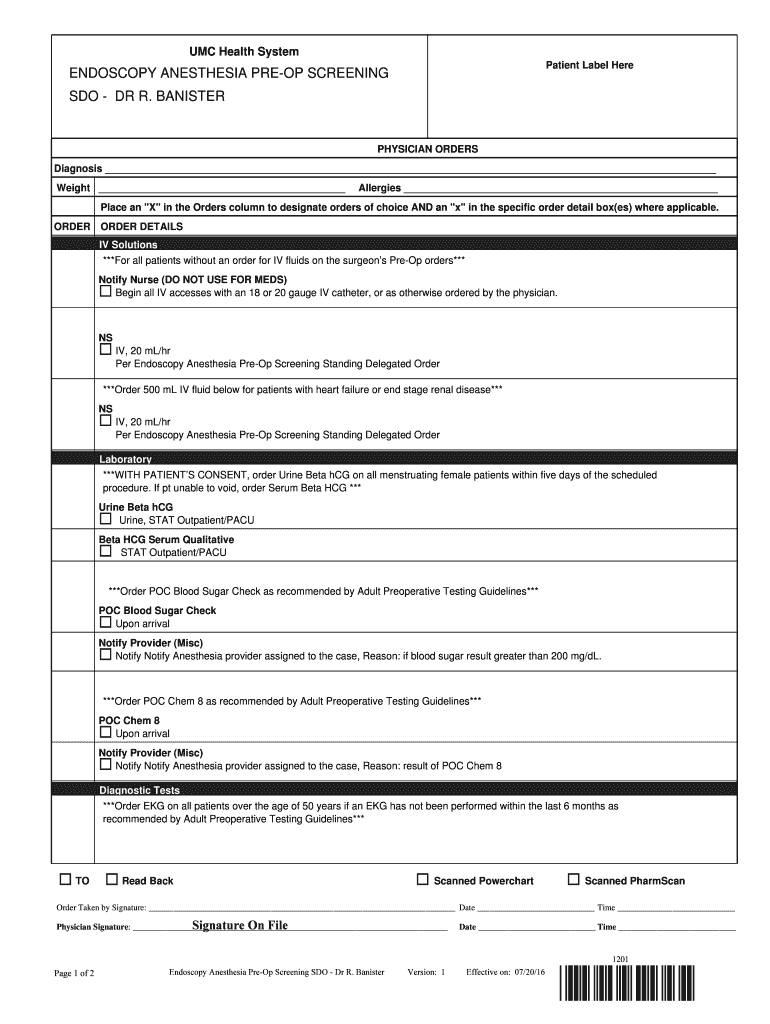 Fillable Online ENDOSCOPY ANESTHESIA PRE-OP SCREENING Fax Email Print ...