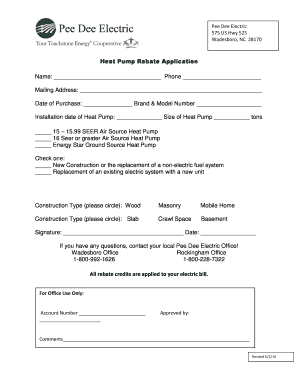 Fillable Online Heat Pump Rebate Application Name - Pee Dee Electric ...