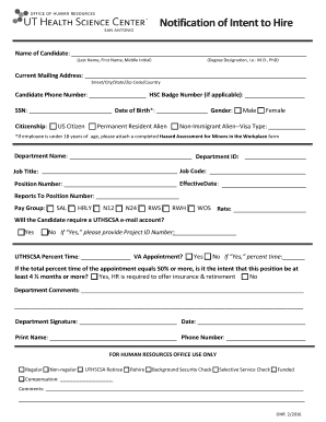 Fillable Online uthscsa Notification of Intent to Hire Fax Email Print - pdfFiller