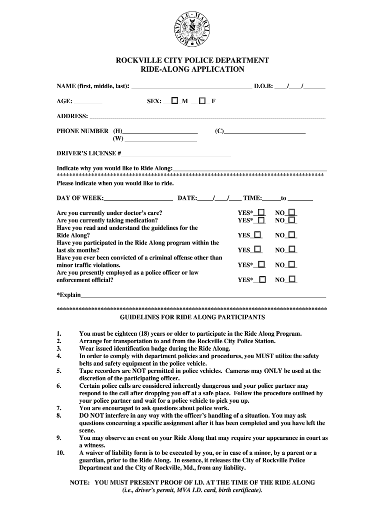 Fillable Online rockvillemd Ride-Along Application Fax Email Print ...
