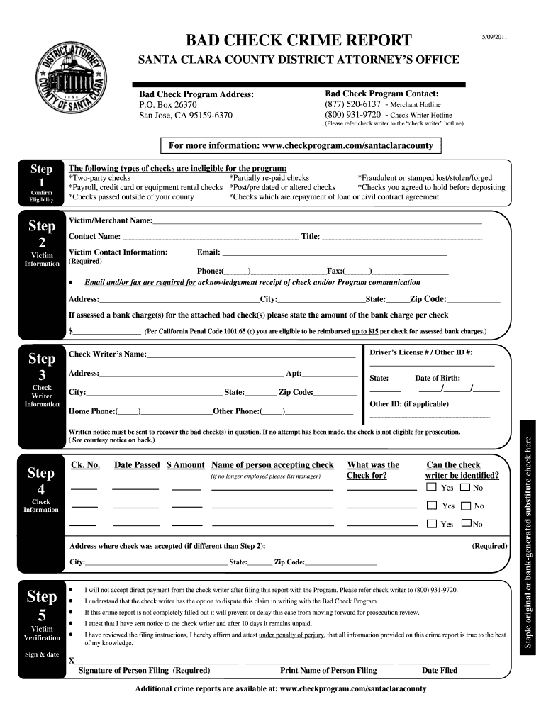 Fillable Online sccgov Bad Check Crime Report Form - the County of ...