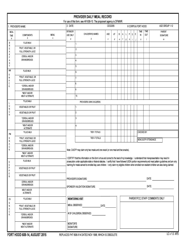 Fillable Online hood army FH Form 608-14. Provider Daily Meal Record ...