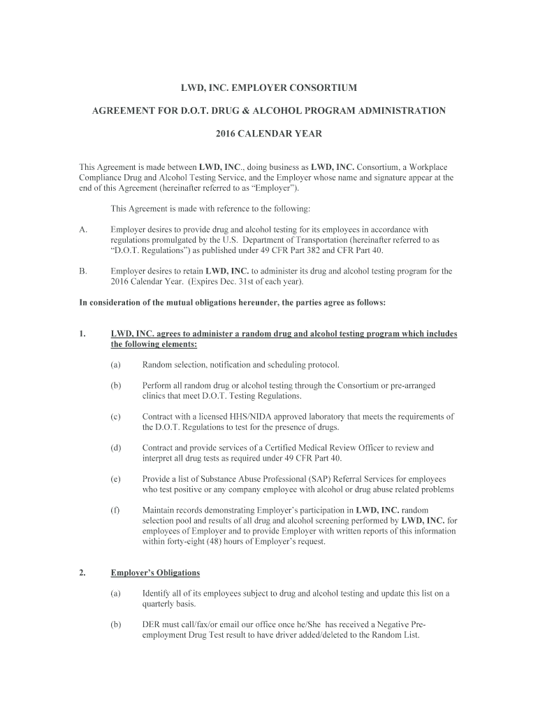 Fillable Online LWD, INC. EMPLOYER CONSORTIUM AGREEMENT FOR D.O.T ...