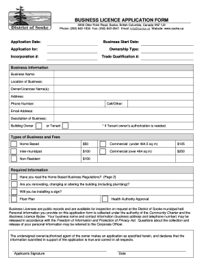 Fillable Online BUSINESS LICENCE APPLICATION FORM - sooke.ca Fax Email Print - pdfFiller
