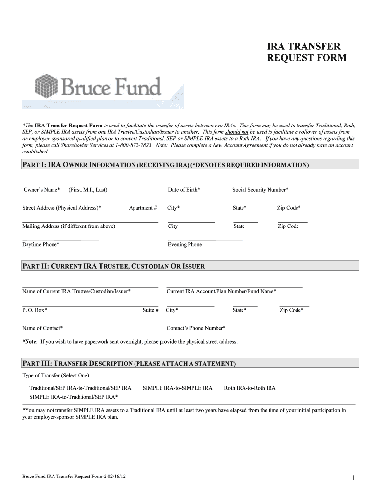 Fillable Online IRA TRANSFER REQUEST FORM - thebrucefund.com Fax Email ...