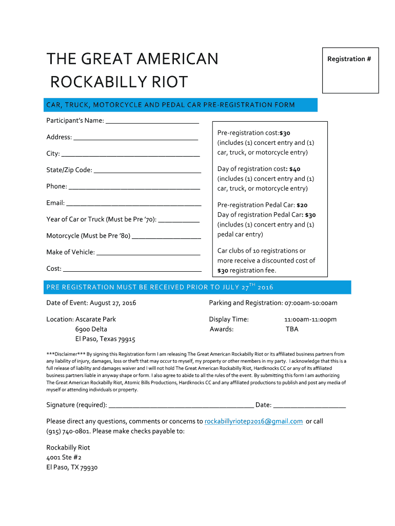 Fillable Online The Great American Rockabilly Riot Car registration ...