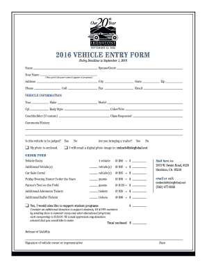 Fillable Online ironstonefoundation 2016 VEHICLE ENTRY FORM ...