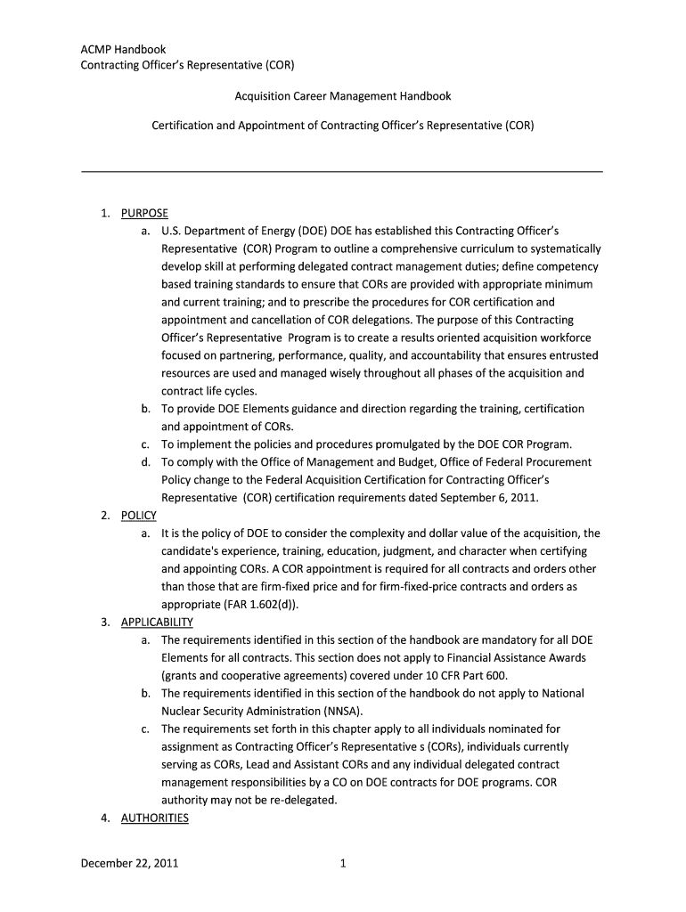 Fillable Online energy ACMP Handbook Contracting Officer's ...