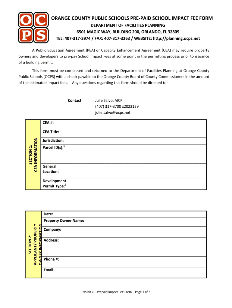 Fillable Online ocps ORANGE COUNTY PUBLIC SCHOOLS PRE-PAID SCHOOL IMPACT FEE FORM Fax Email ...