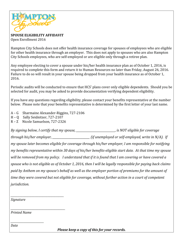 Fillable Online Spouse Eligibility Affidavit Fax Email Print - pdfFiller