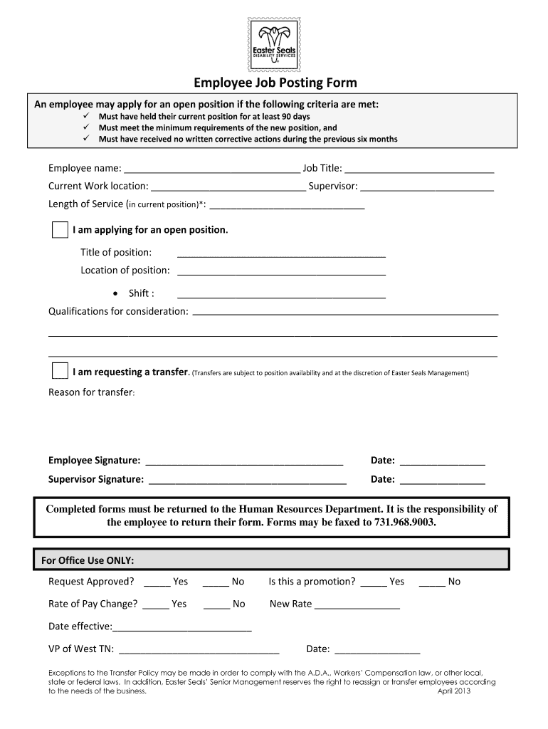 Fillable Online Employee Job Posting Form - Easterseals Fax Email Print ...