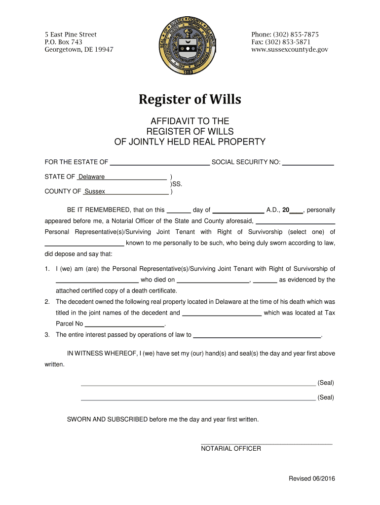 Fillable Online sussexcountyde Affidavit to the Register of Wills of Jointly Held Real Property ...