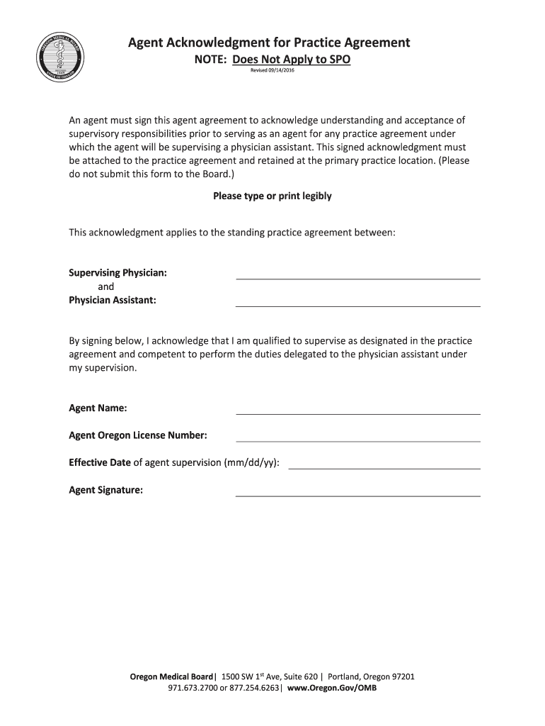 Fillable Online oregon Agent Acknowledgment for Practice Agreement Fax ...