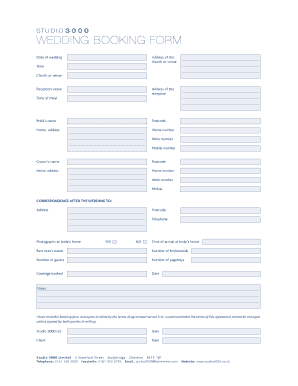 Fillable Online studio3000 co wedding booking form - Studio 3000 ...