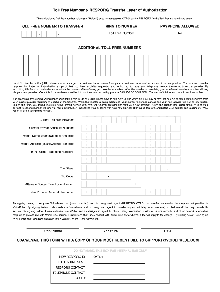 Fillable Online Toll Free Number & RESPORG Transfer Letter of ...