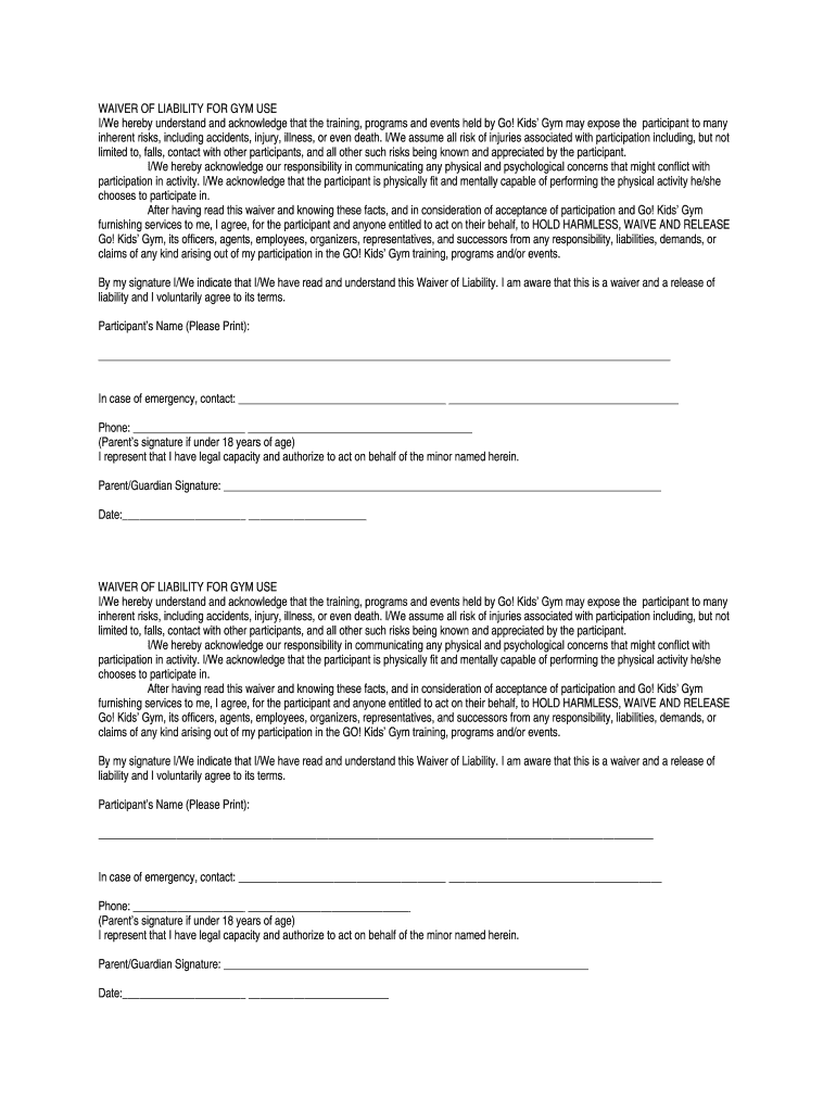 Fillable Online WAIVER OF LIABILITY FOR GYM USE.docx Fax Email Print ...