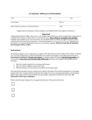 Fillable Online liberalarts tamu ACADEMIC APPEALS COVER SHEET Fax Email Print - pdfFiller
