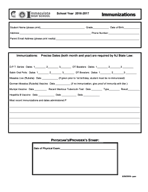 Fillable Online immaculatahighschool 2016-2017 All IHS Medical Forms ...