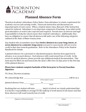 Fillable Online thorntonacademy Planned Absence Form - Thornton Academy - thorntonacademy Fax ...