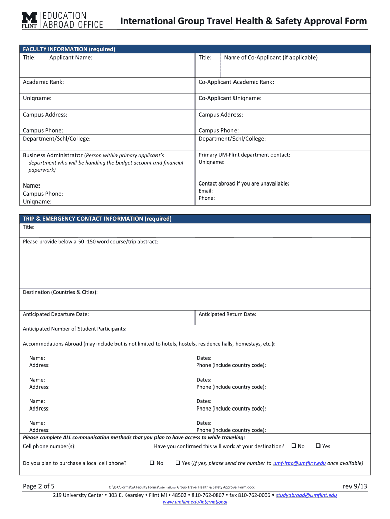 Fillable Online umflint International Group Travel Health & Safety ...