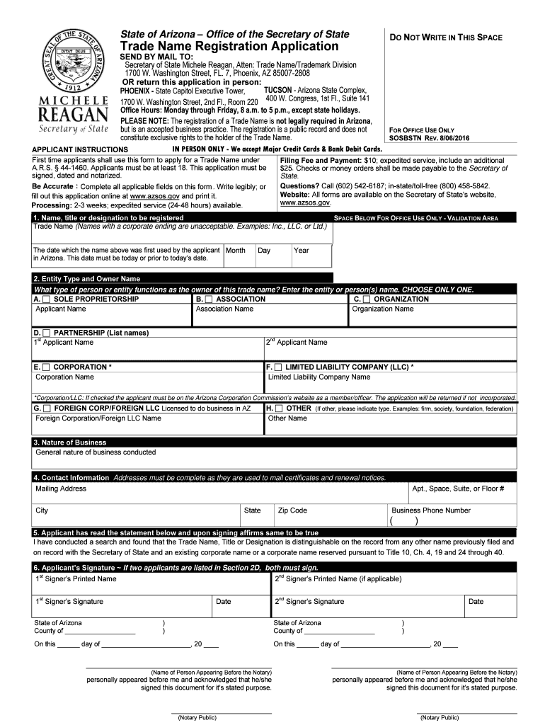 Fillable Online azsos Trade Name Registration Application Fax Email ...