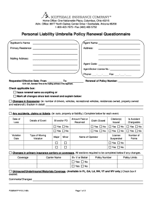 Fillable Online Personal Liability Umbrella Policy Renewal ...