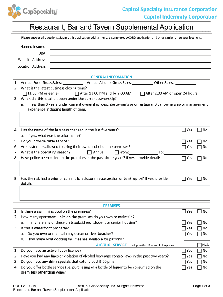 Fillable Online Restaurant, Bar and Tavern Supplemental Application Fax ...
