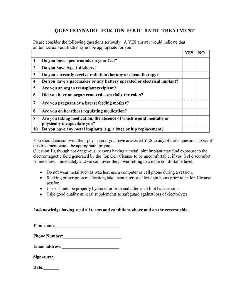 Fillable Online QUESTIONNAIRE FOR ION FOOT BATH TREATMENT Fax Email ...