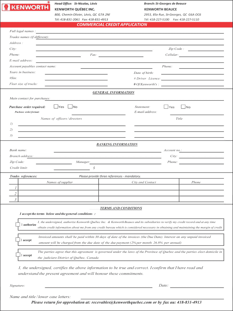 Fillable Online Formulaire d'application de cr dit Kenworth.xlsx Fax ...