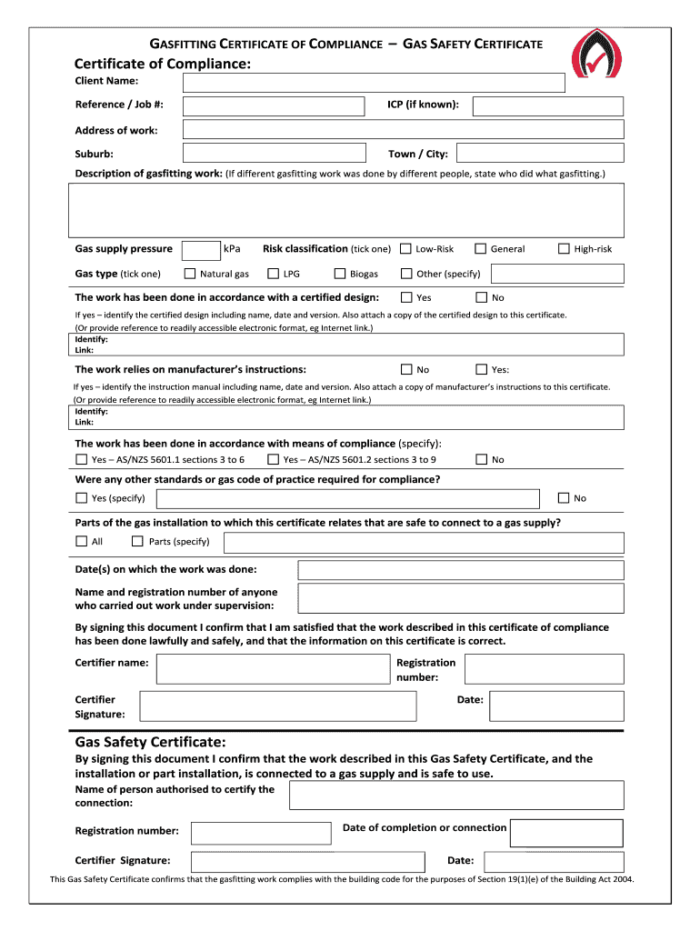 Fillable Online Gasfitting Certificate of Compliance - Gas Safety ...