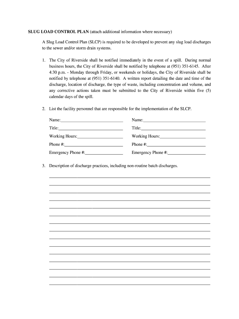 Fillable Online riversideca SLUG LOAD CONTROL PLAN (attach additional information where ...