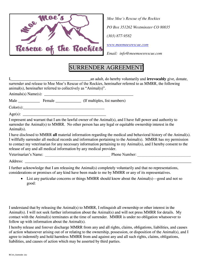 Fillable Online SURRENDER AGREEMENT Fax Email Print - pdfFiller