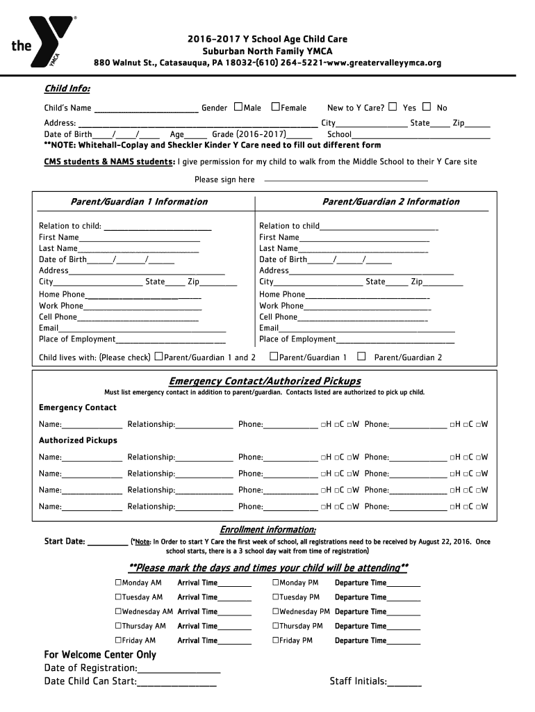 Fillable Online greatervalleyymca Suburban North Family YMCA Fax Email Print - pdfFiller