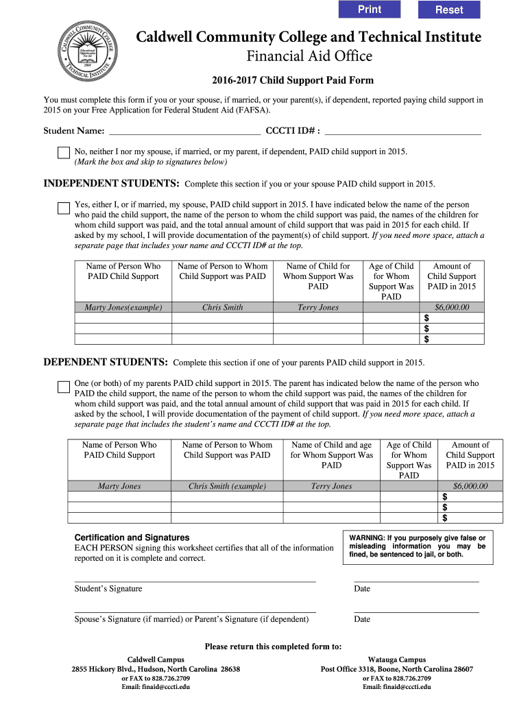 Fillable Online cccti Child Support Paid form - Caldwell Community ...