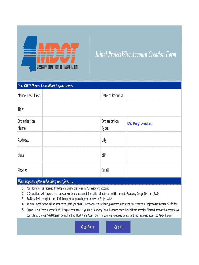 Fillable Online Initial ProjectWise Account Creation Form Fax Email ...