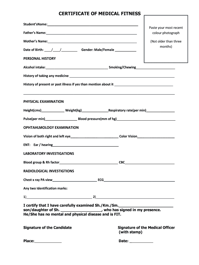 Fillable Online apply jaipur manipal CERTIFICATE OF MEDICAL FITNESS ...